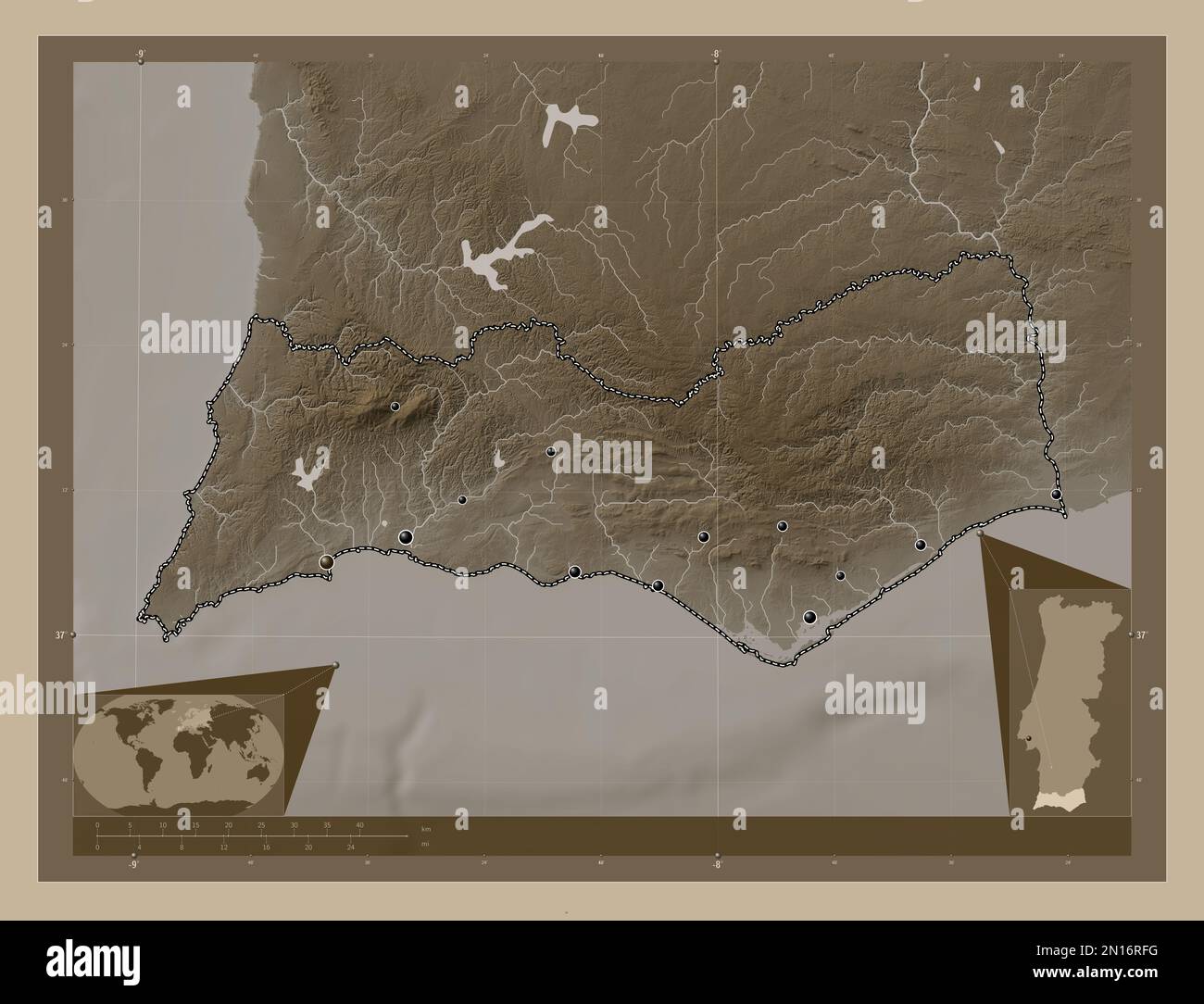 Faro, district of Portugal. Elevation map colored in sepia tones with ...