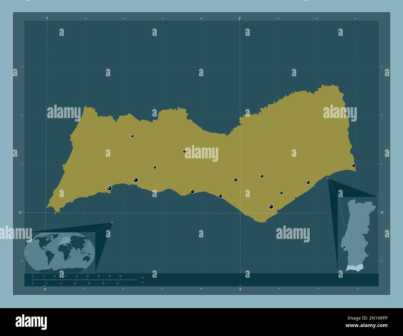 Faro, district of Portugal. Solid color shape. Locations of major ...