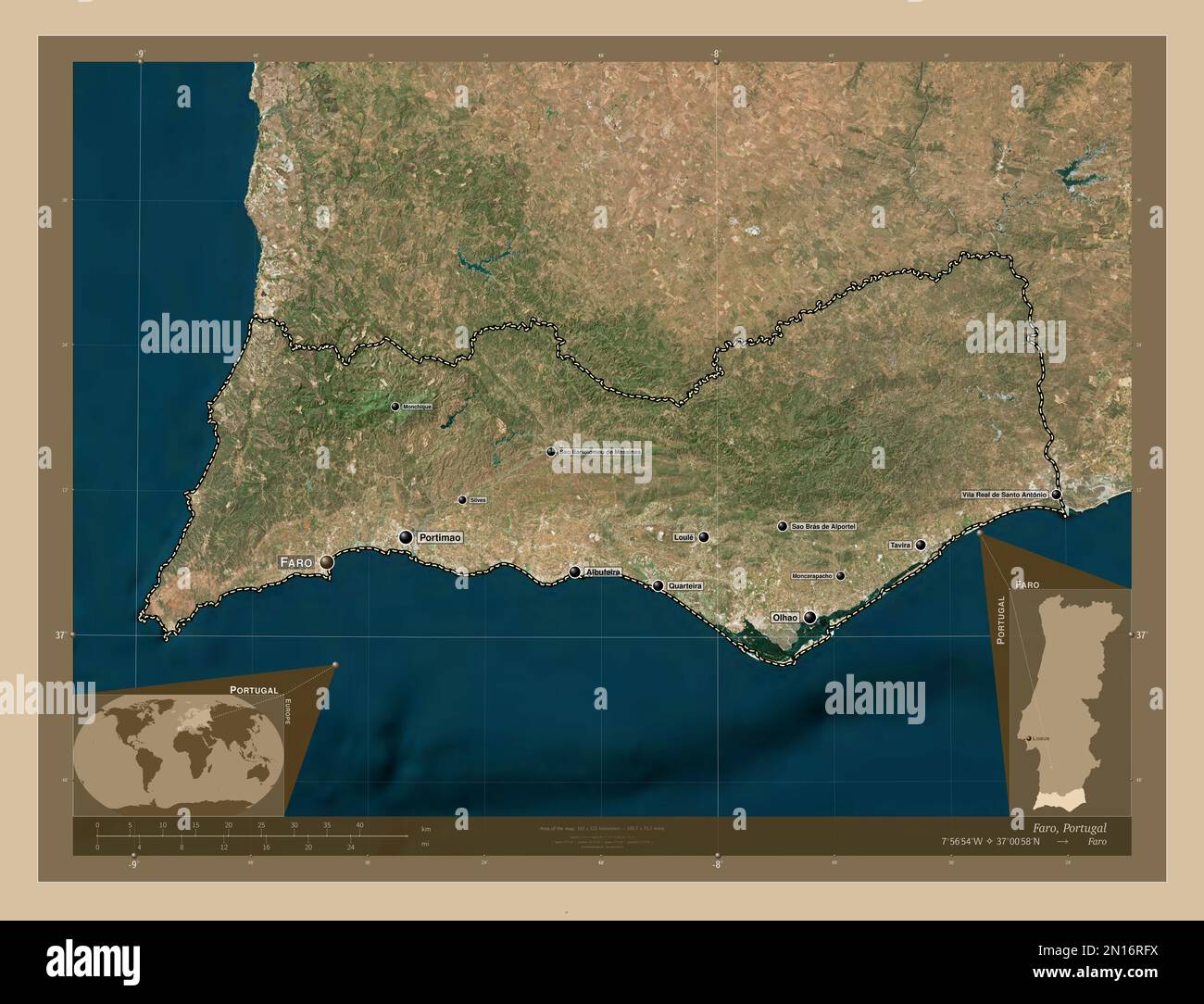 Faro, district of Portugal. Low resolution satellite map. Locations and ...