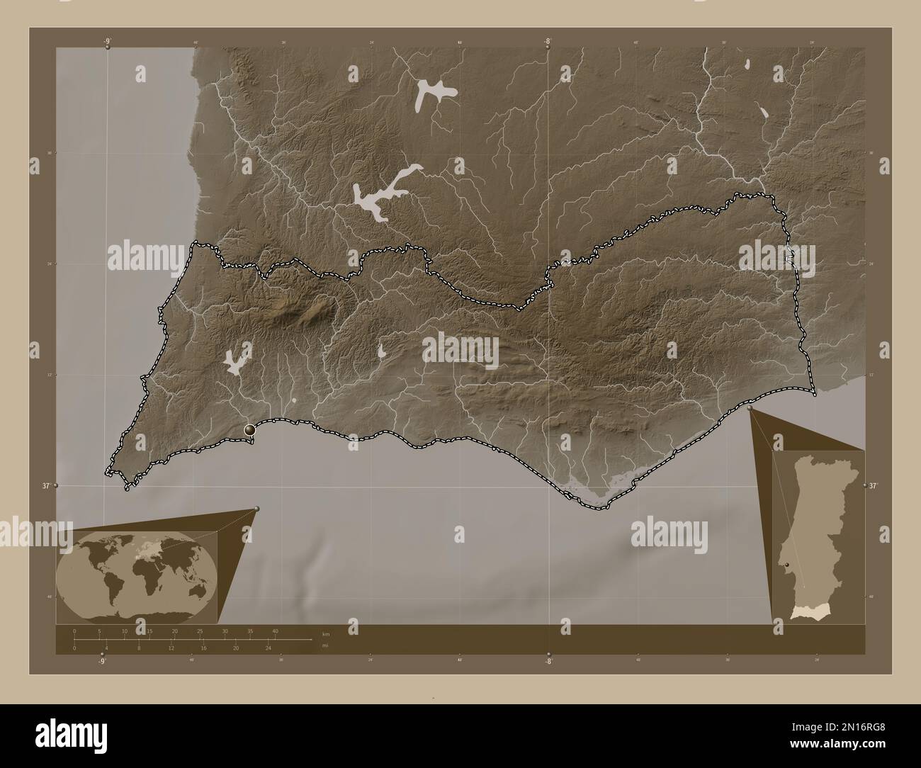 Faro, district of Portugal. Elevation map colored in sepia tones with ...