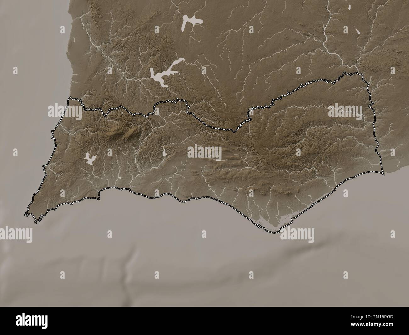 Faro, district of Portugal. Elevation map colored in sepia tones with ...