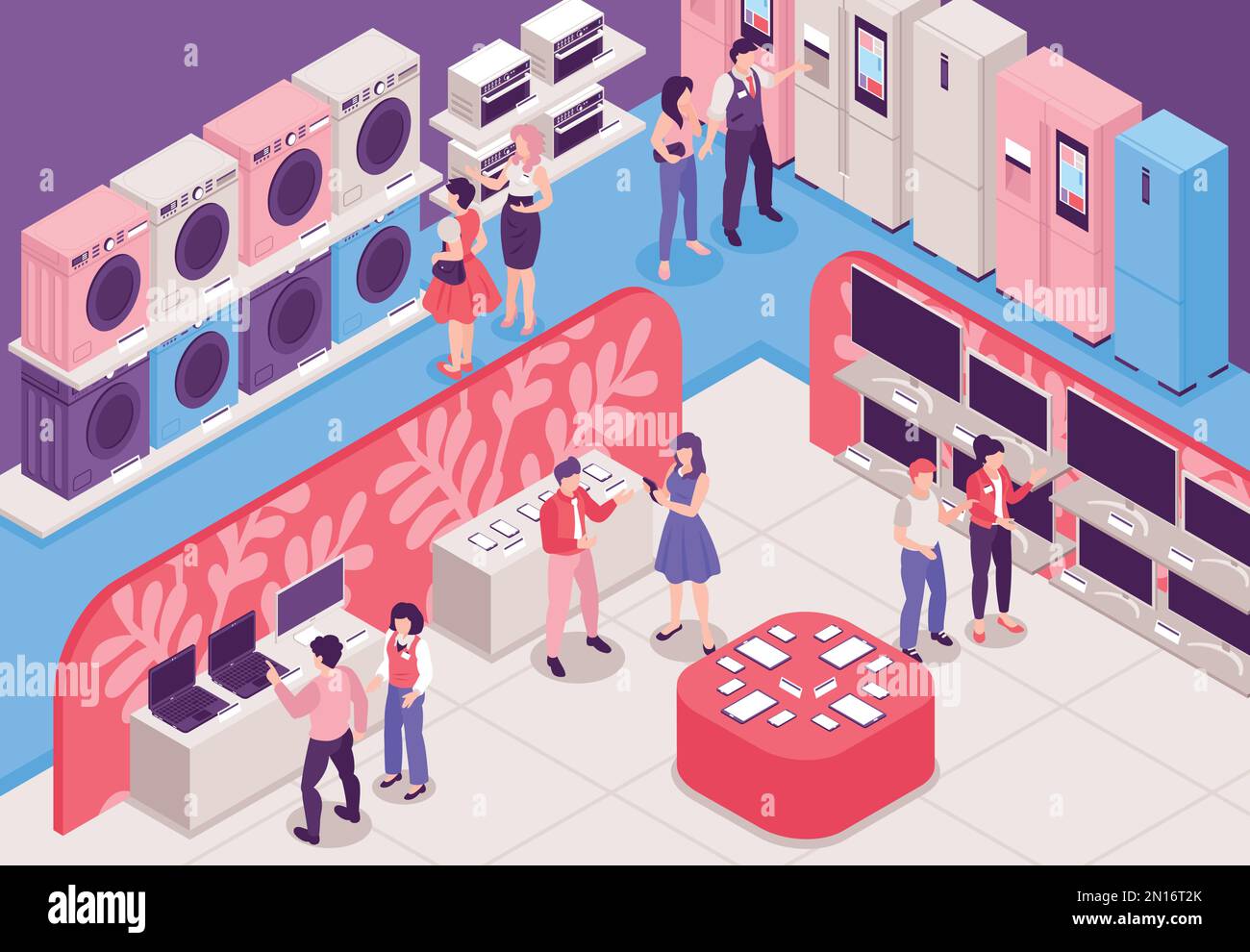 Home appliances store isometric interior with shop assistants helping customers 3d vector ...