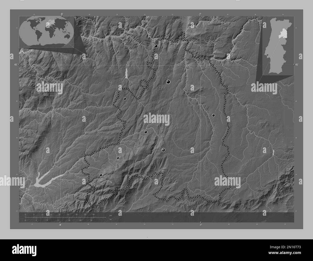 Guarda, district of Portugal. Grayscale elevation map with lakes and ...