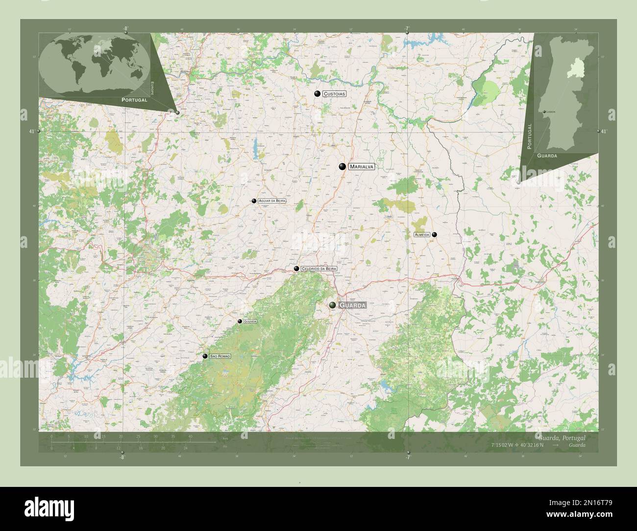 Guarda, district of Portugal. Open Street Map. Locations and names of ...