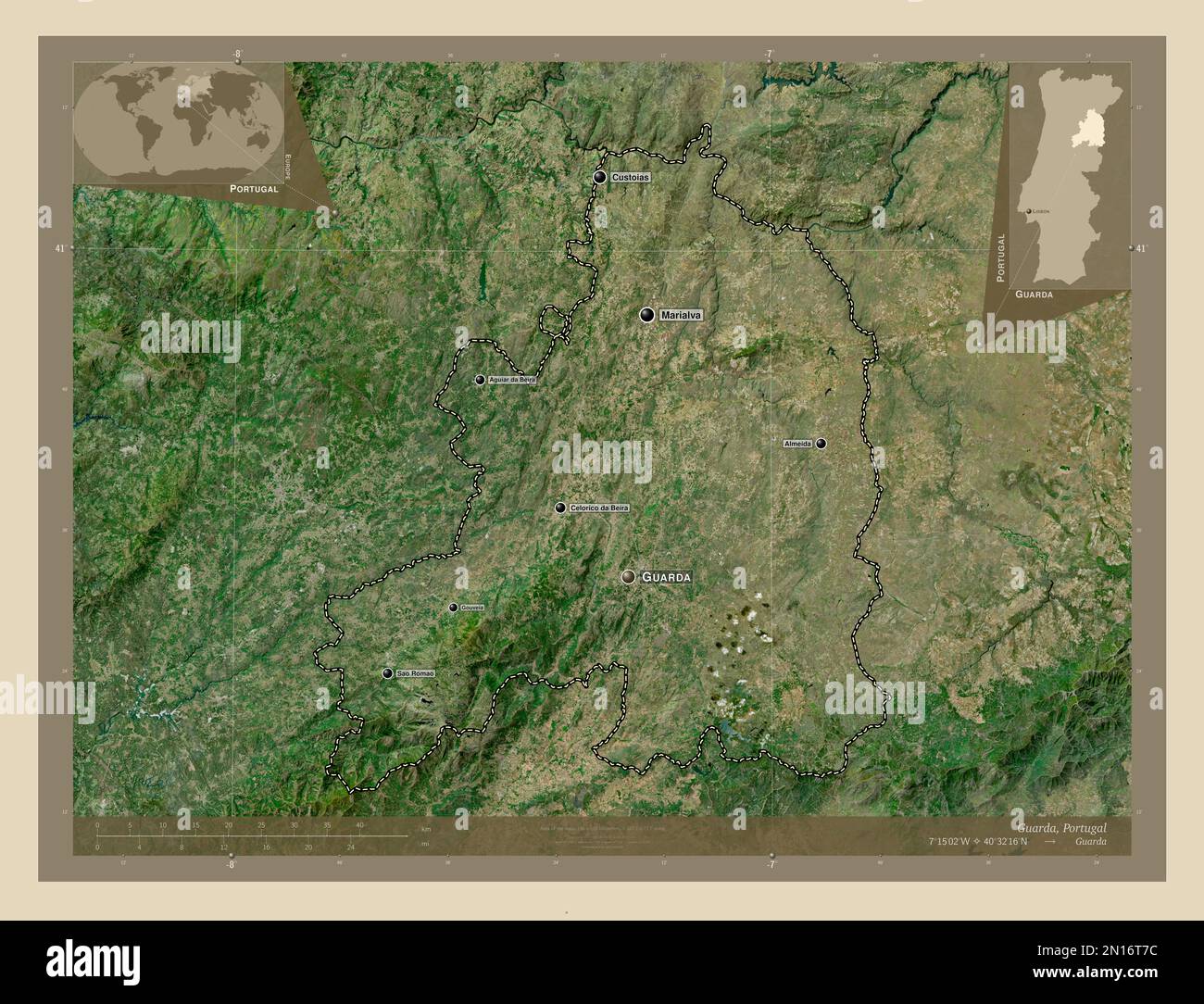 Guarda, district of Portugal. High resolution satellite map. Locations ...