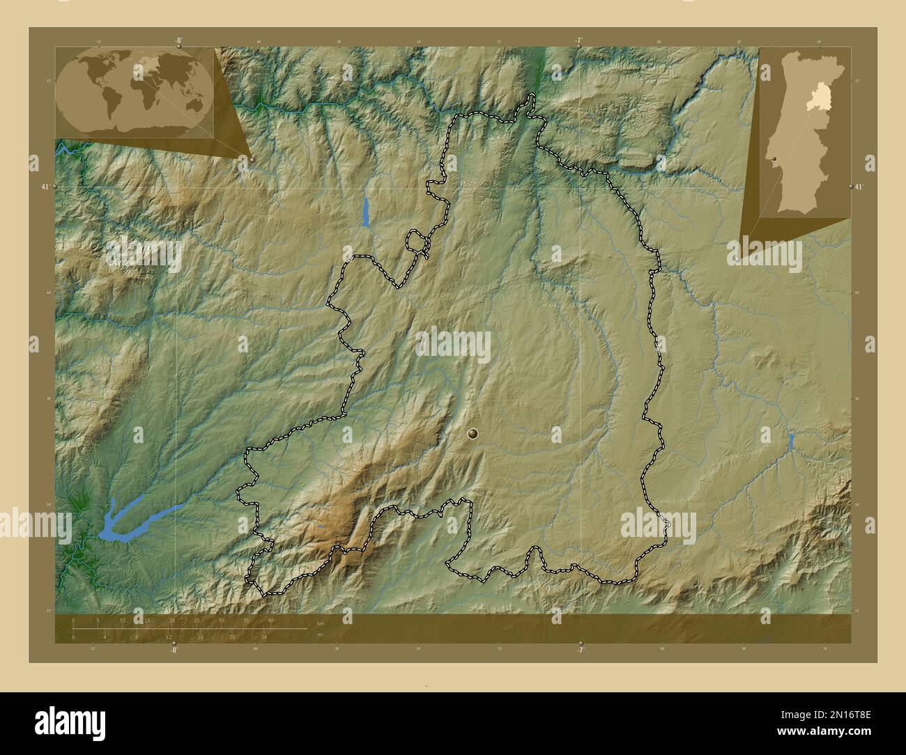 Guarda, district of Portugal. Colored elevation map with lakes and ...