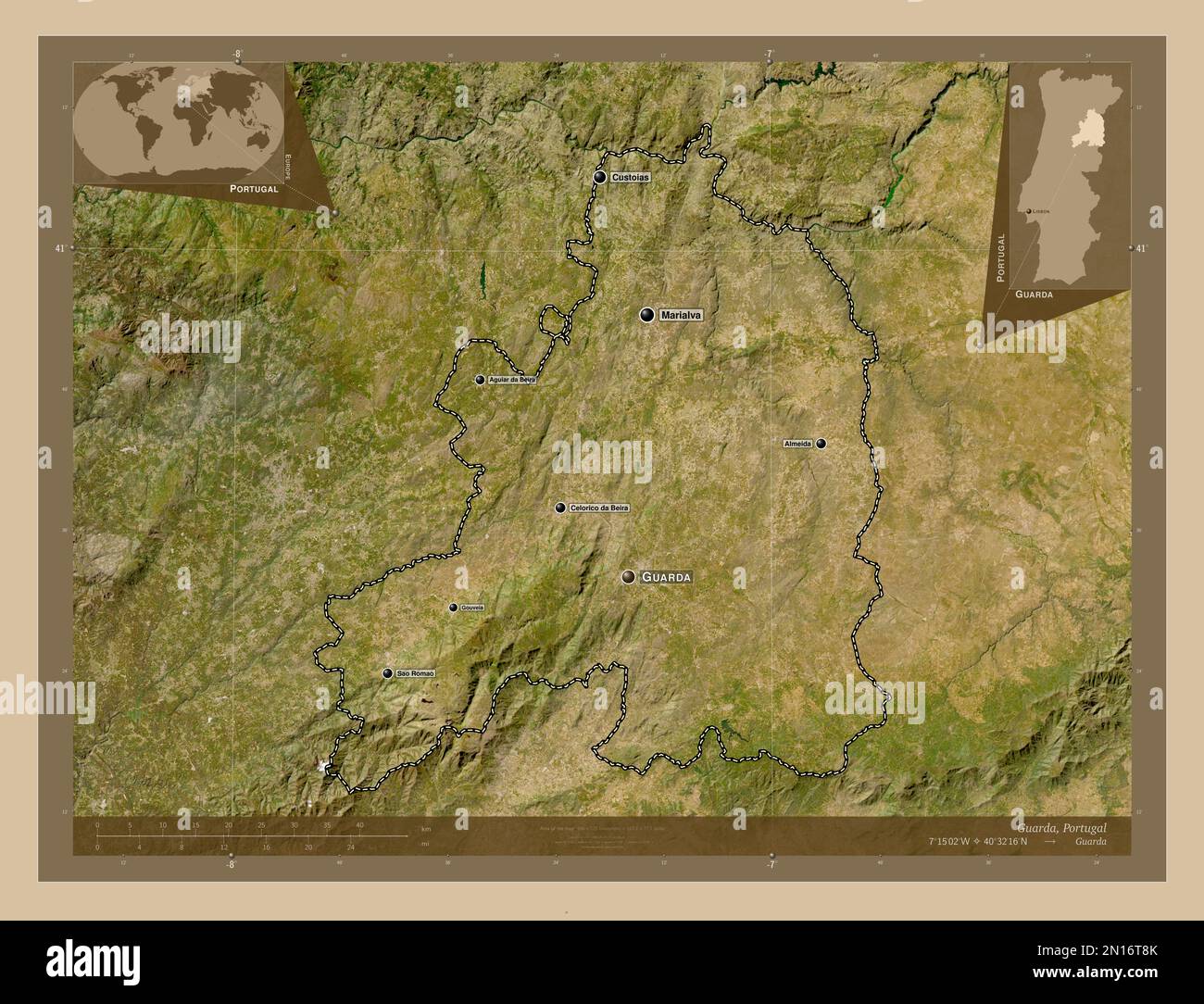 Guarda, district of Portugal. Low resolution satellite map. Locations ...