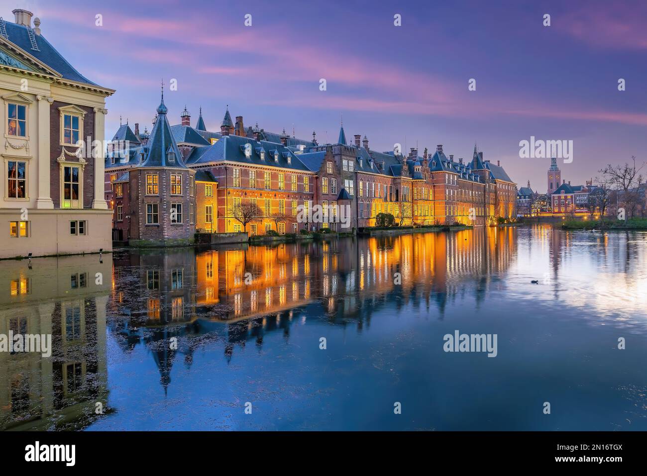 Binnenhof castle (Dutch Parliament) cityscape downtown skyline of Hague ...