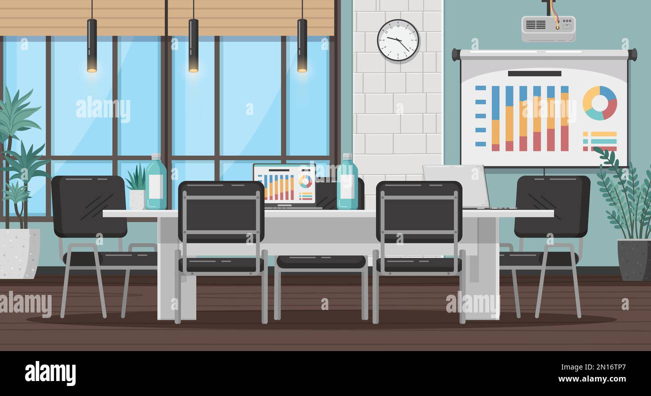 Meeting room cartoon interior with big table and projection screen ...