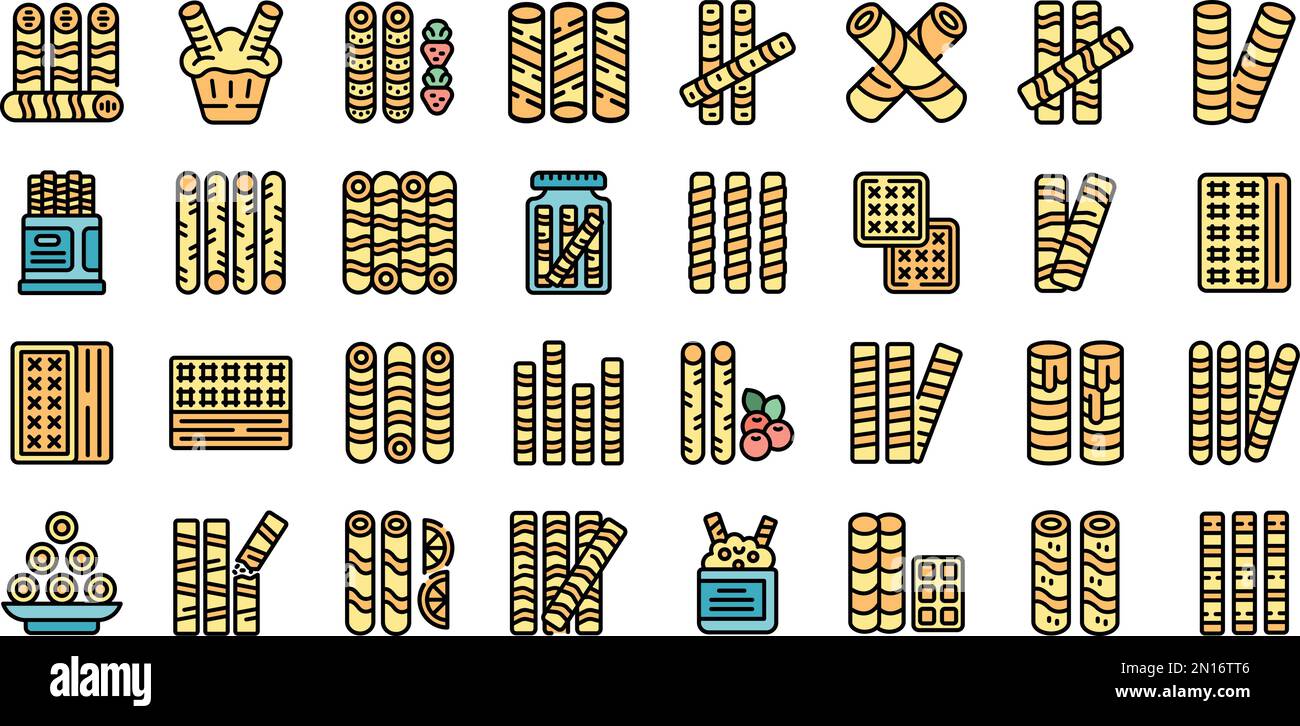 Wafer rolls icons set outline vector. Choco stick. Baked candy color ...