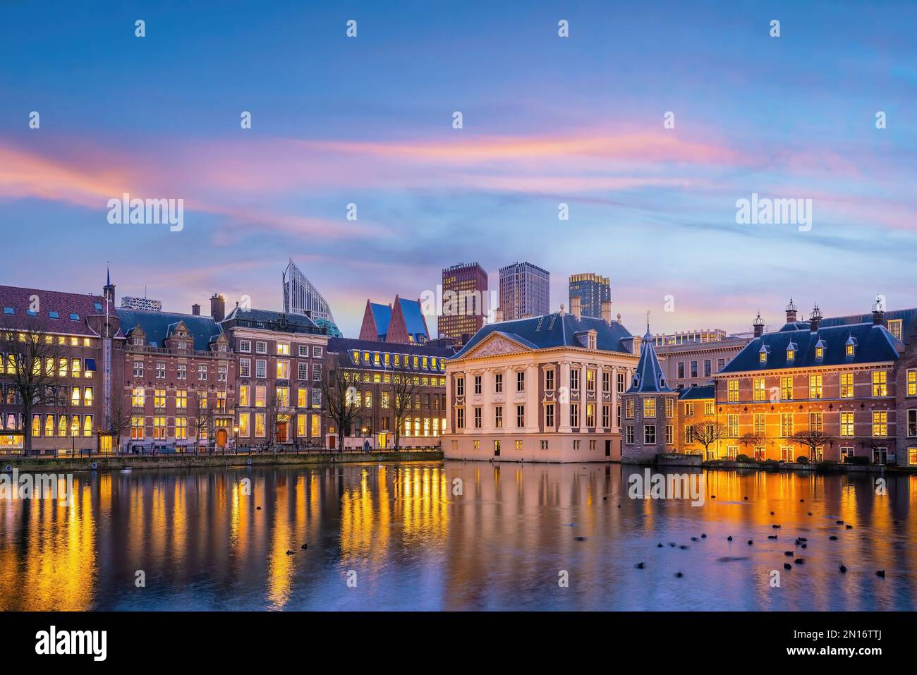 Binnenhof castle (Dutch Parliament) cityscape downtown skyline of Hague ...