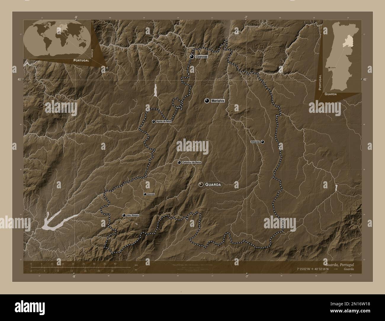 Guarda, district of Portugal. Elevation map colored in sepia tones with ...