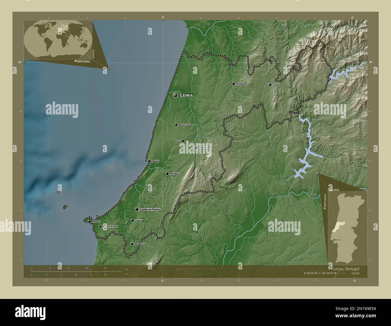 Leiria, district of Portugal. Elevation map colored in wiki style with ...