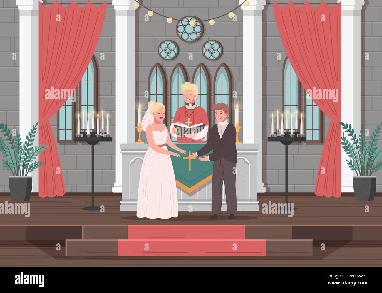 Christian church cartoon scene with priest marshalling wedding service ...