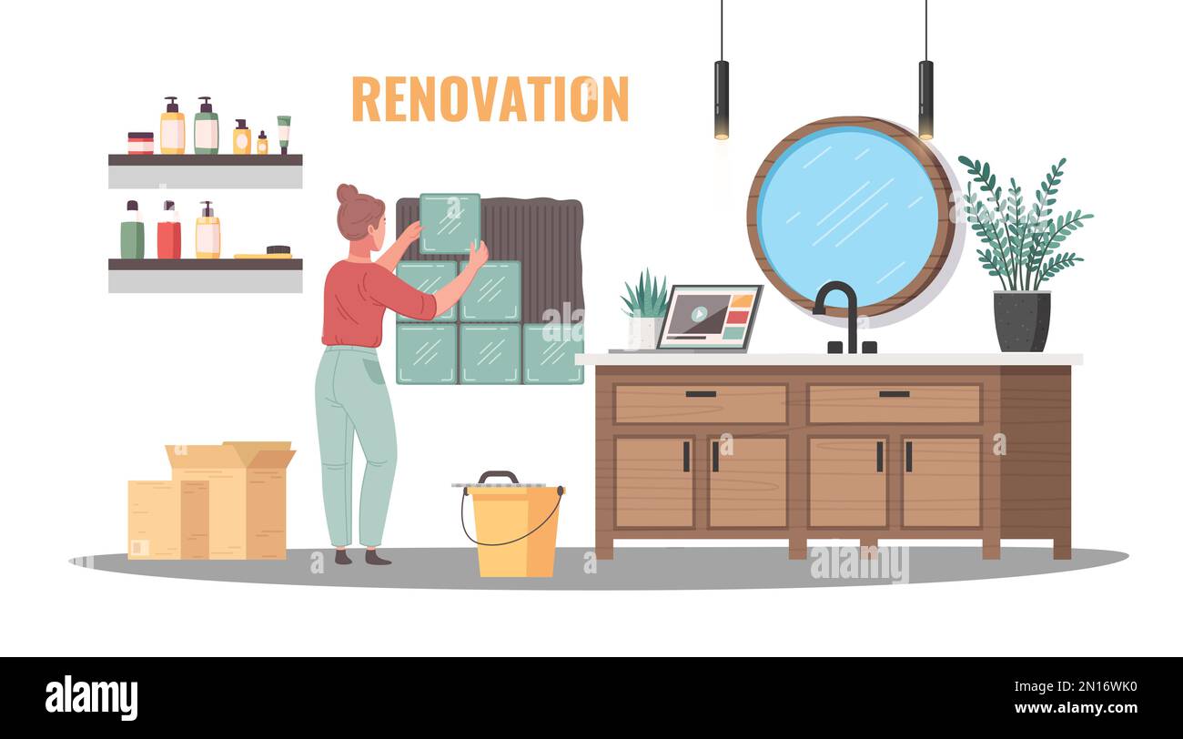 Renovation cartoon scene with woman putting ceramic tiles on bathroom ...
