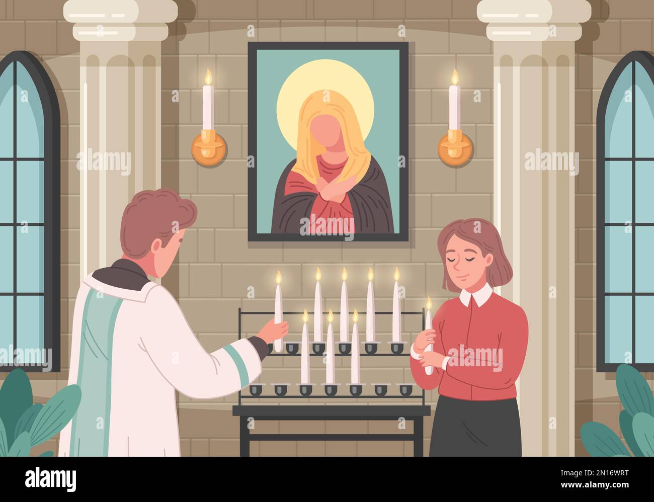 Christian church cartoon with woman holding burning candle on mass ...