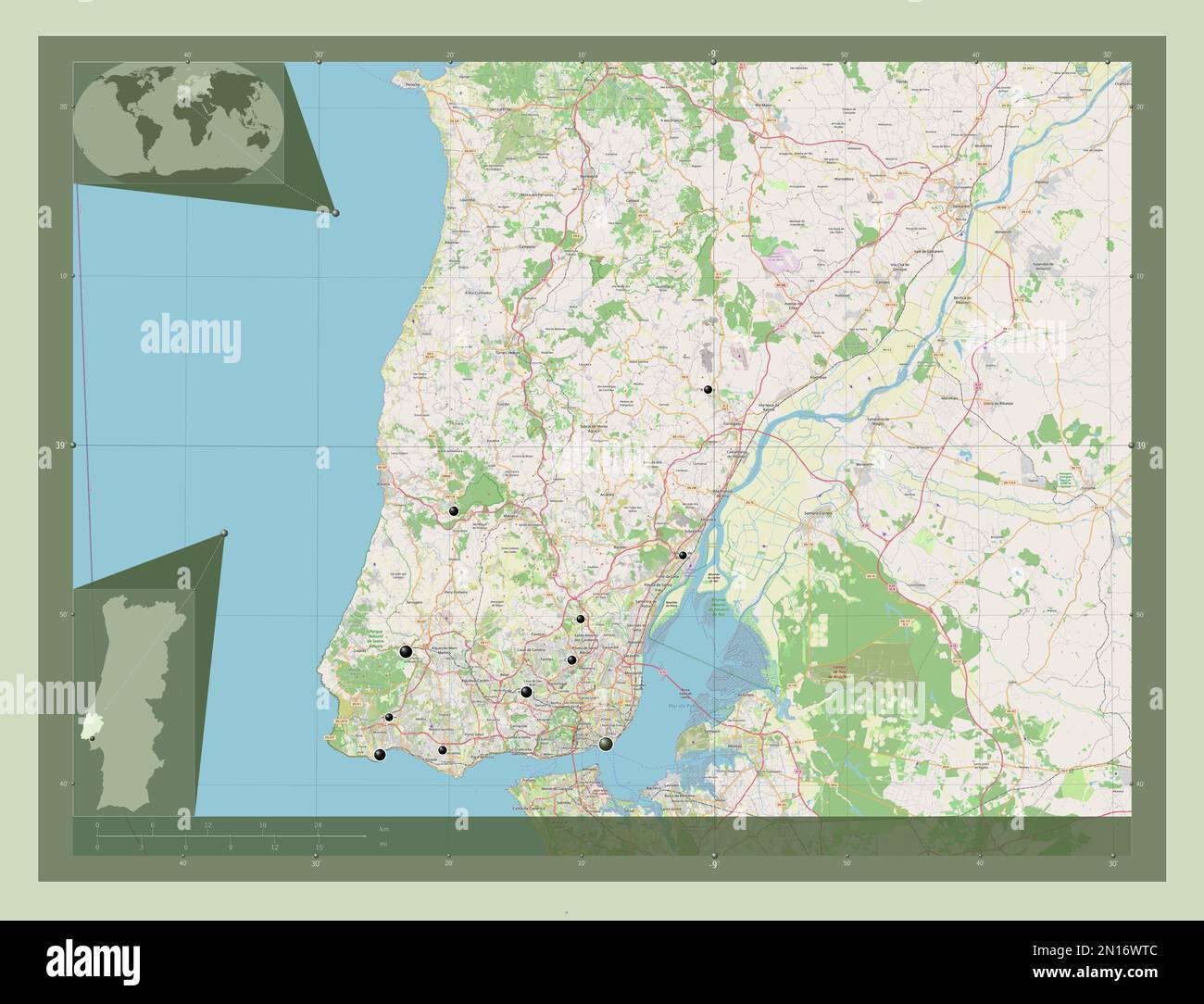 Lisboa, district of Portugal. Open Street Map. Locations of major ...