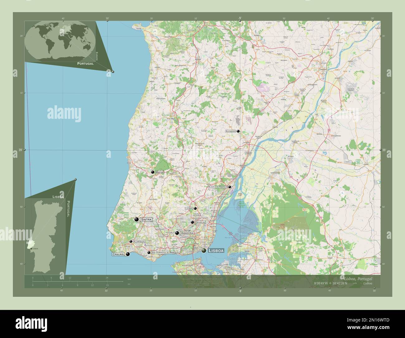 Lisboa, district of Portugal. Open Street Map. Locations and names of major cities of the region ...