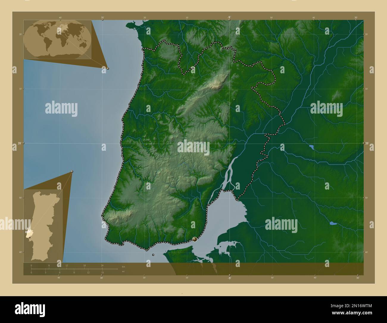 Lisboa, district of Portugal. Colored elevation map with lakes and ...