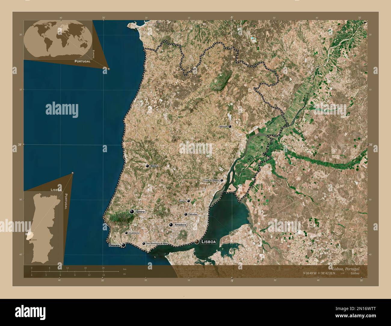 Lisboa, district of Portugal. Low resolution satellite map. Locations ...