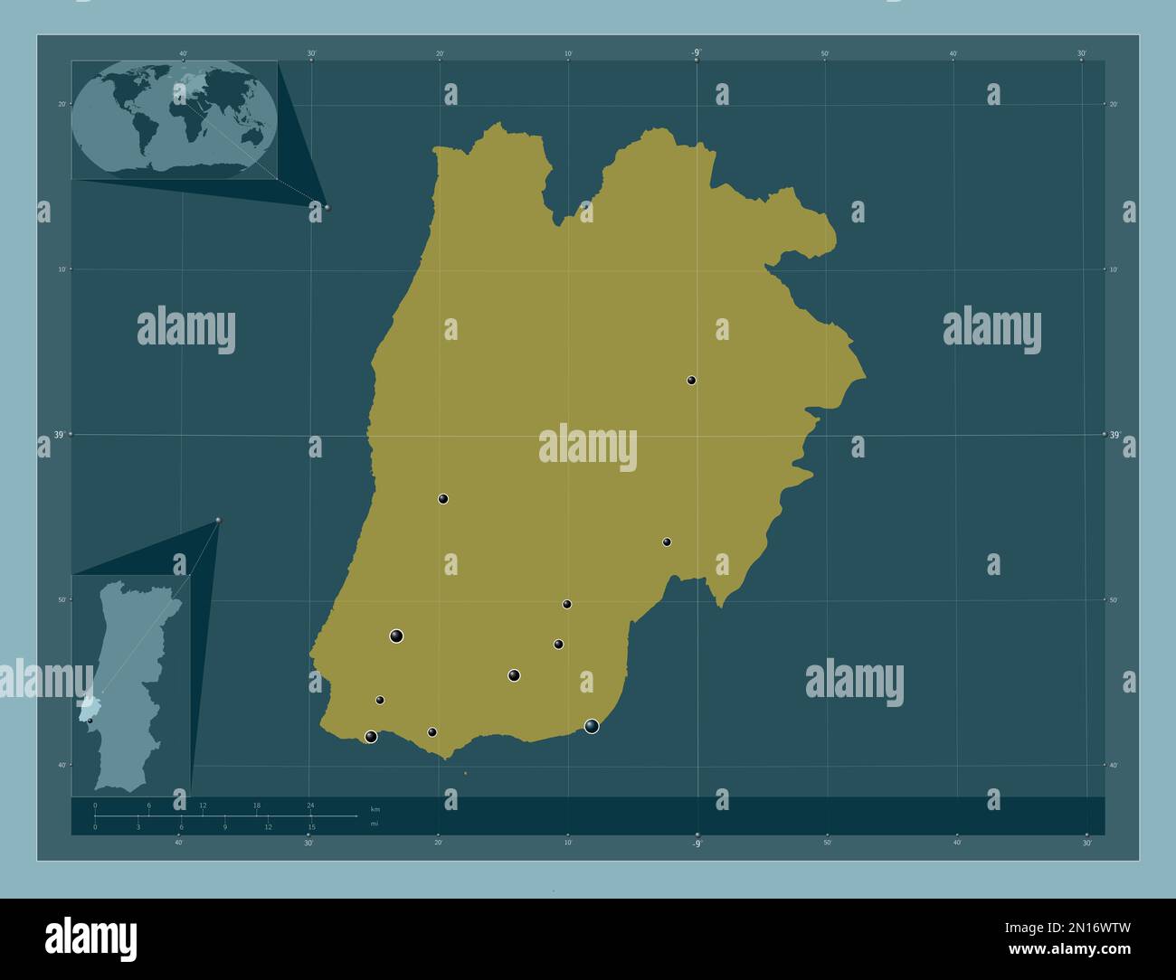 Lisboa, district of Portugal. Solid color shape. Locations of major ...