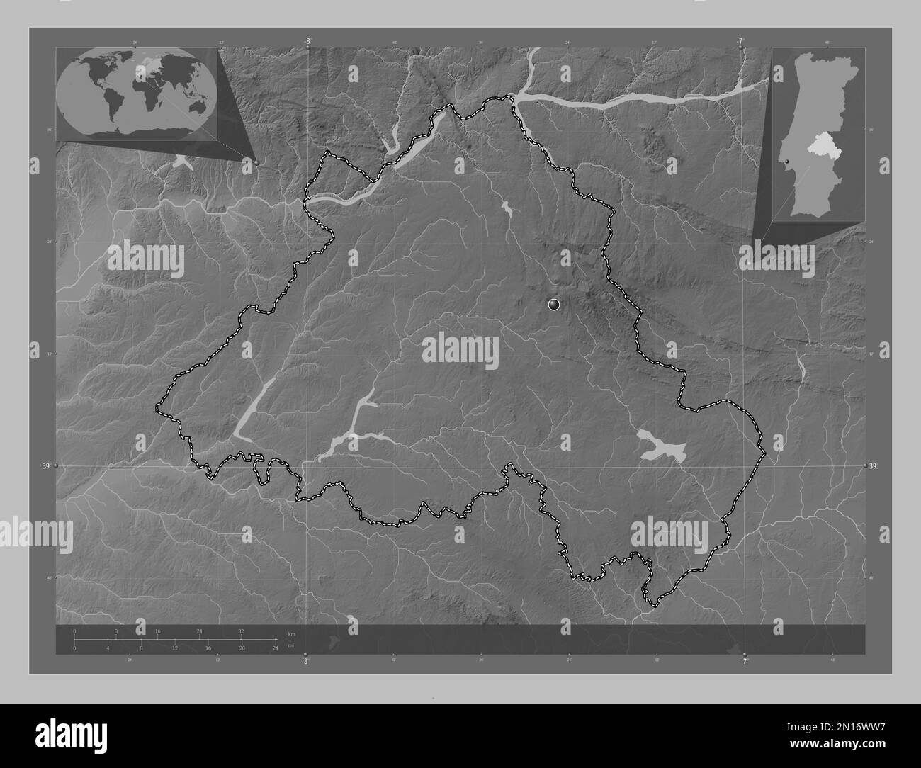 Portalegre, district of Portugal. Grayscale elevation map with lakes ...