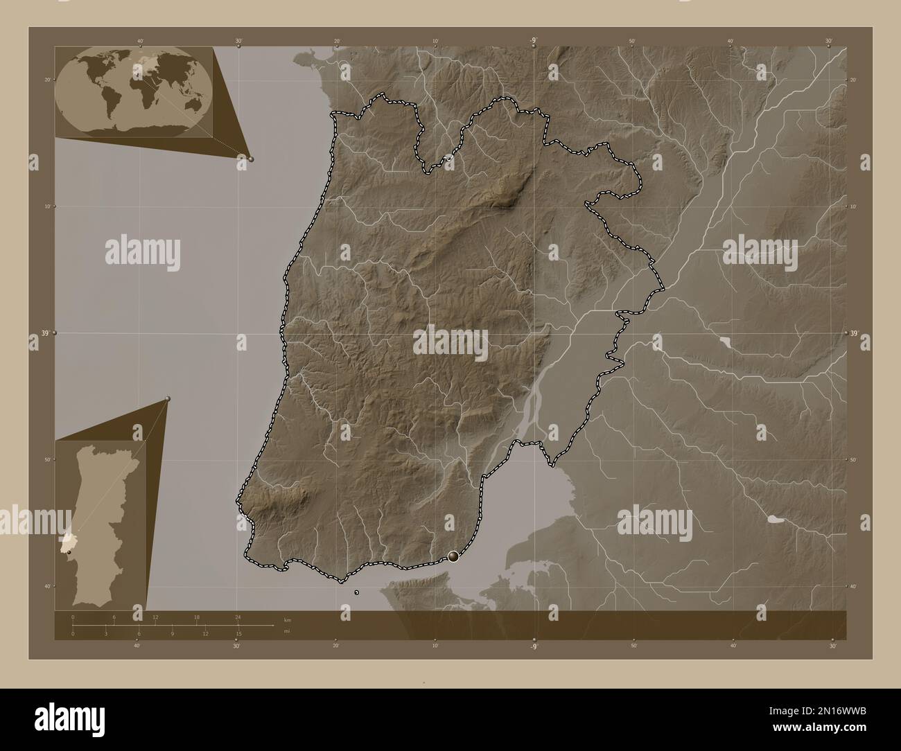Lisboa, district of Portugal. Elevation map colored in sepia tones with ...