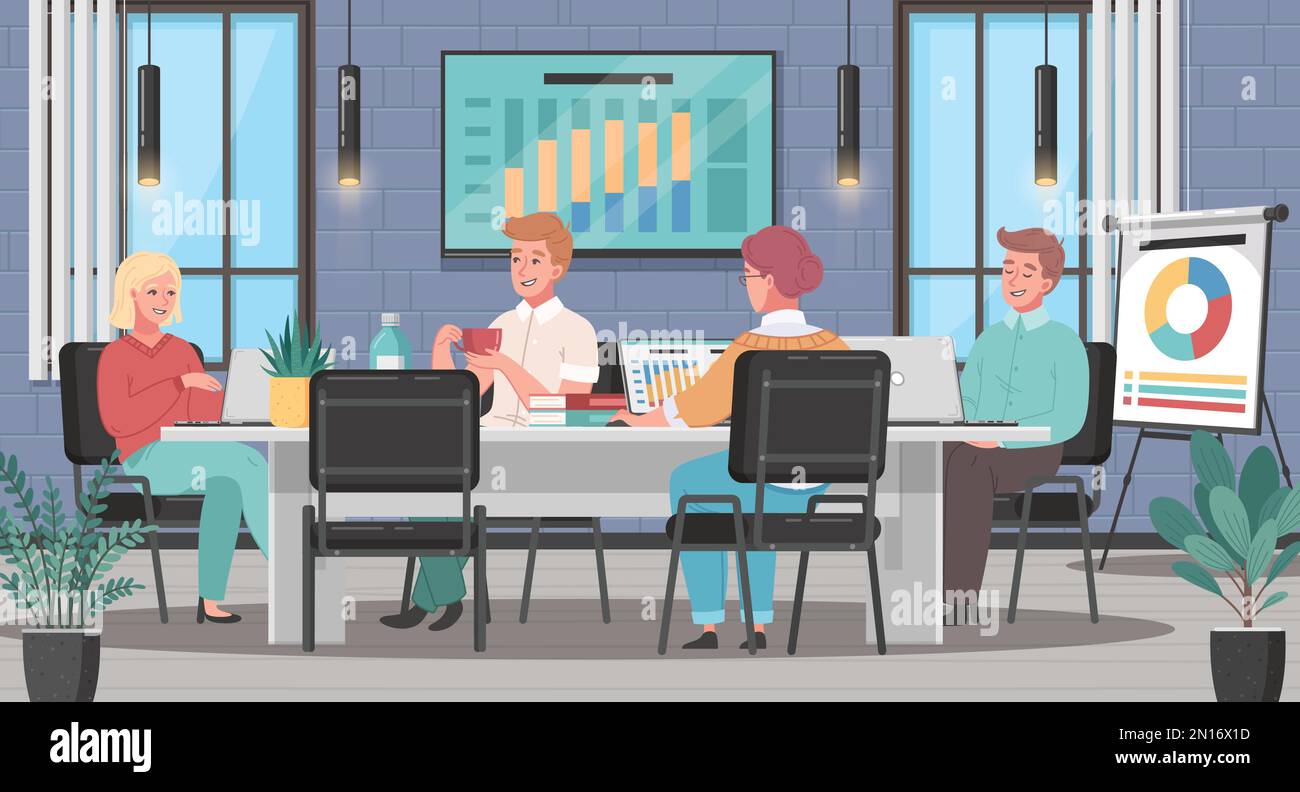 Meeting room cartoon with people discussing business projects and ...