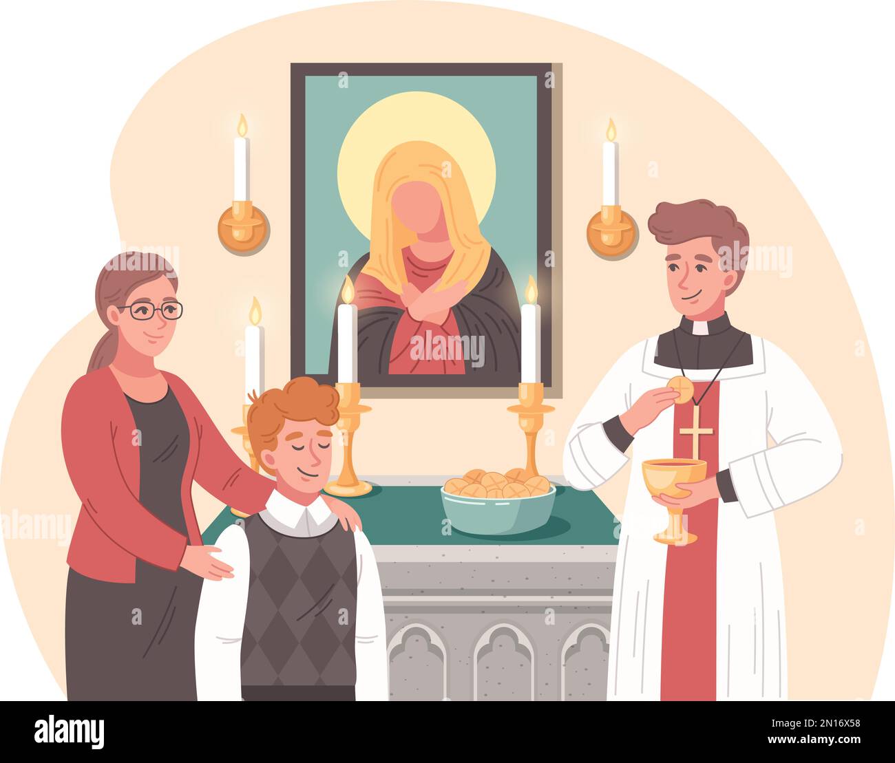 Christian church cartoon scene with child during sacrament vector ...