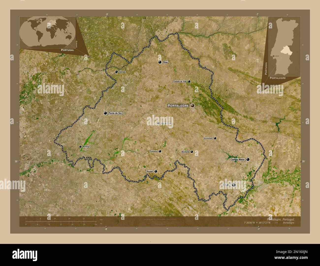 Portalegre, district of Portugal. Low resolution satellite map ...