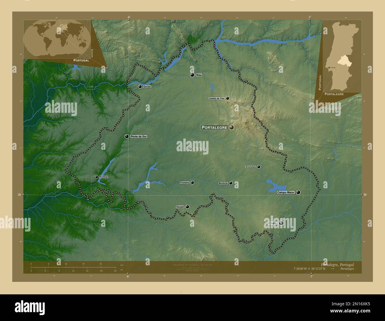 Portalegre, district of Portugal. Colored elevation map with lakes and ...