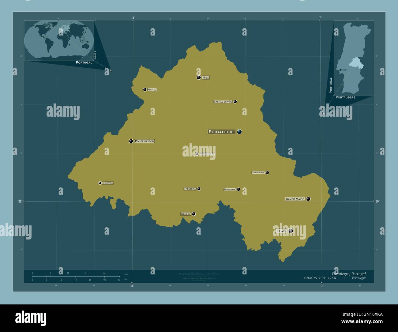 Portalegre, district of Portugal. Solid color shape. Locations and ...