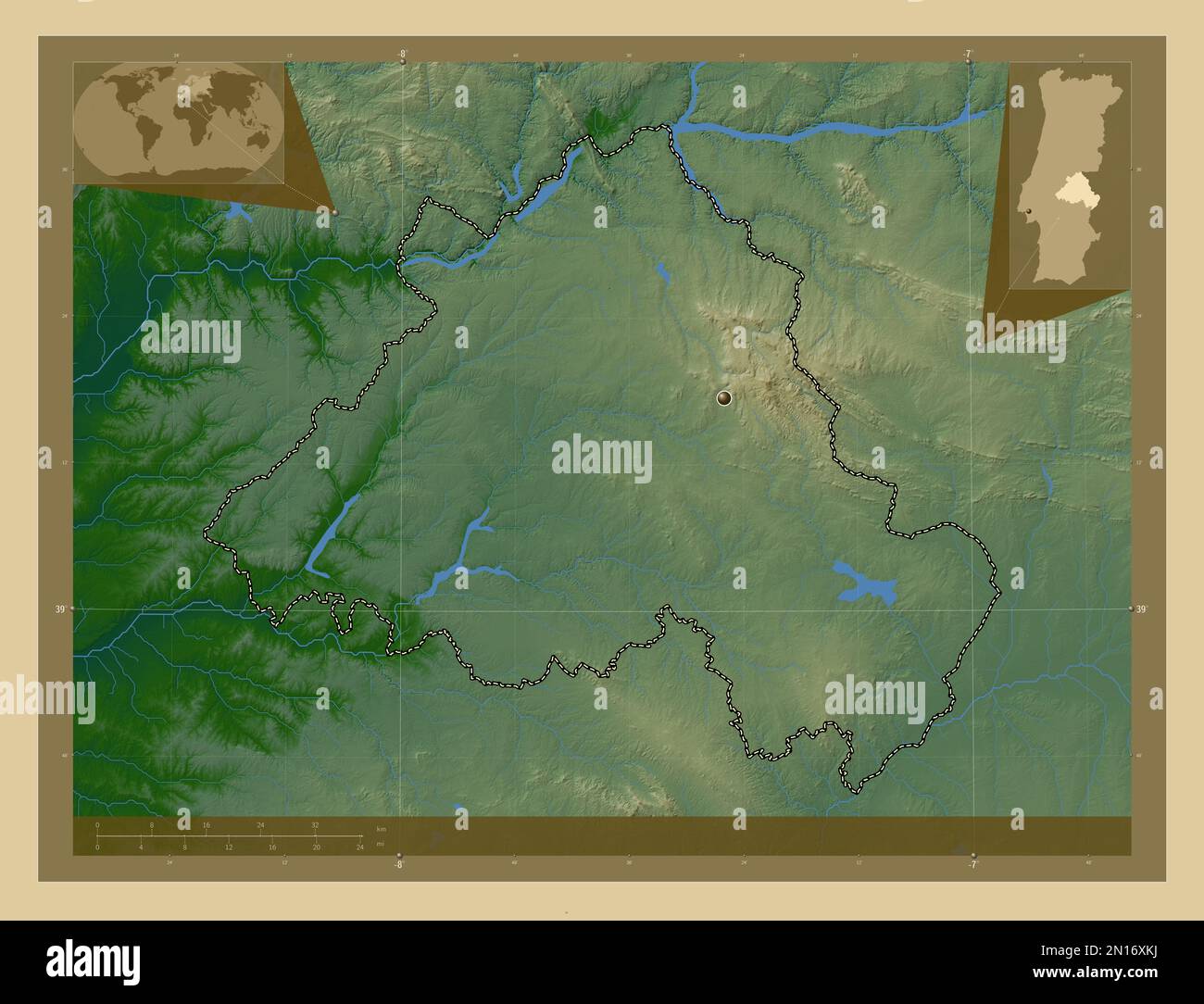 Portalegre, district of Portugal. Colored elevation map with lakes and ...