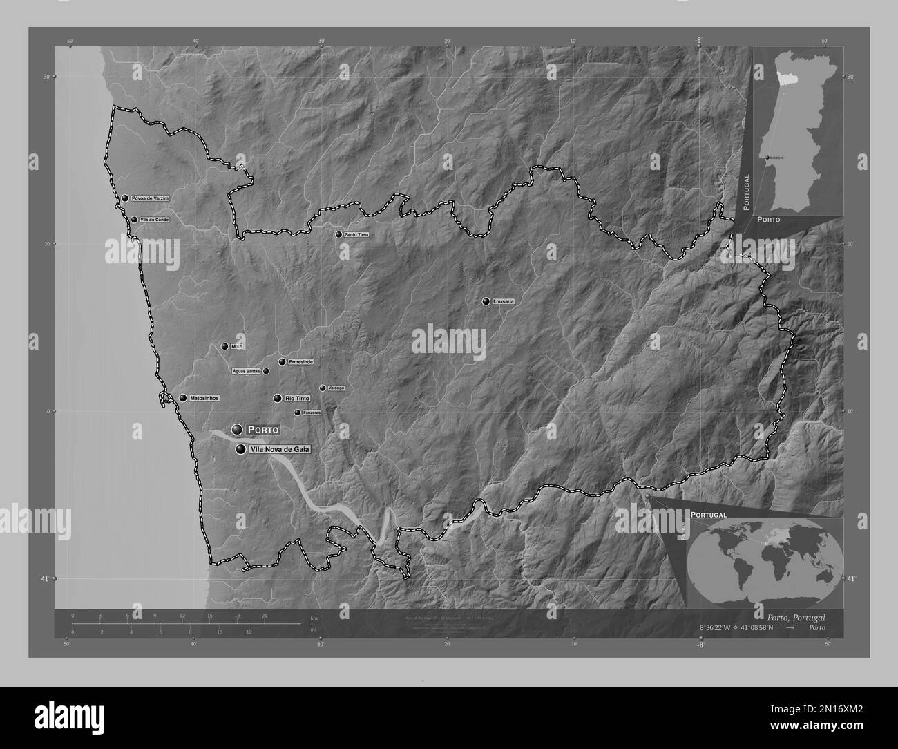 Porto, district of Portugal. Grayscale elevation map with lakes and ...