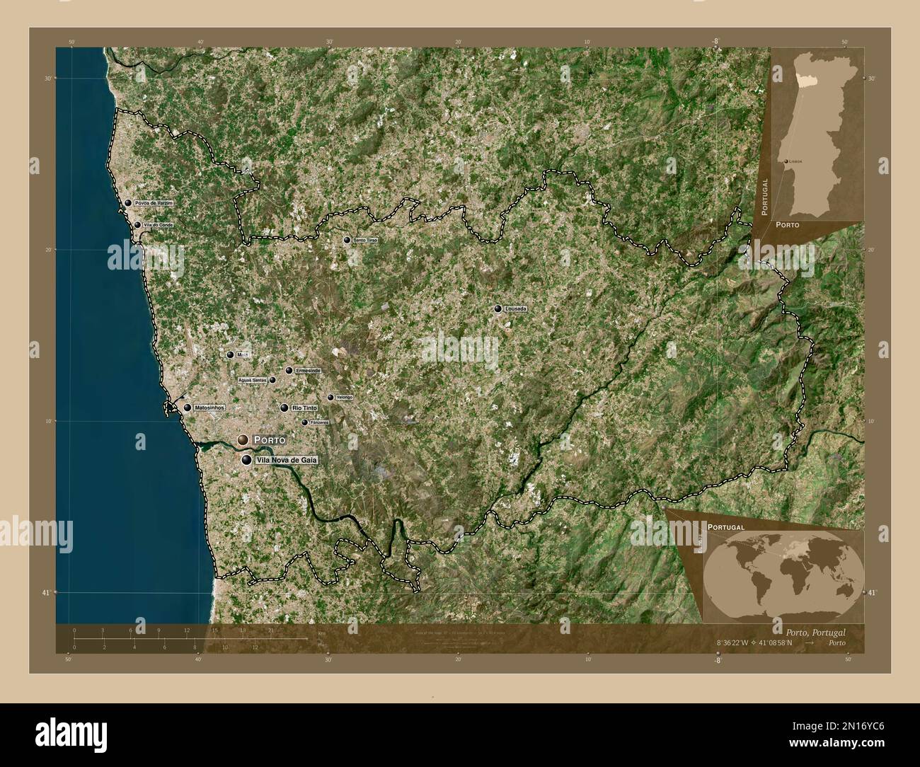 Porto, district of Portugal. Low resolution satellite map. Locations ...