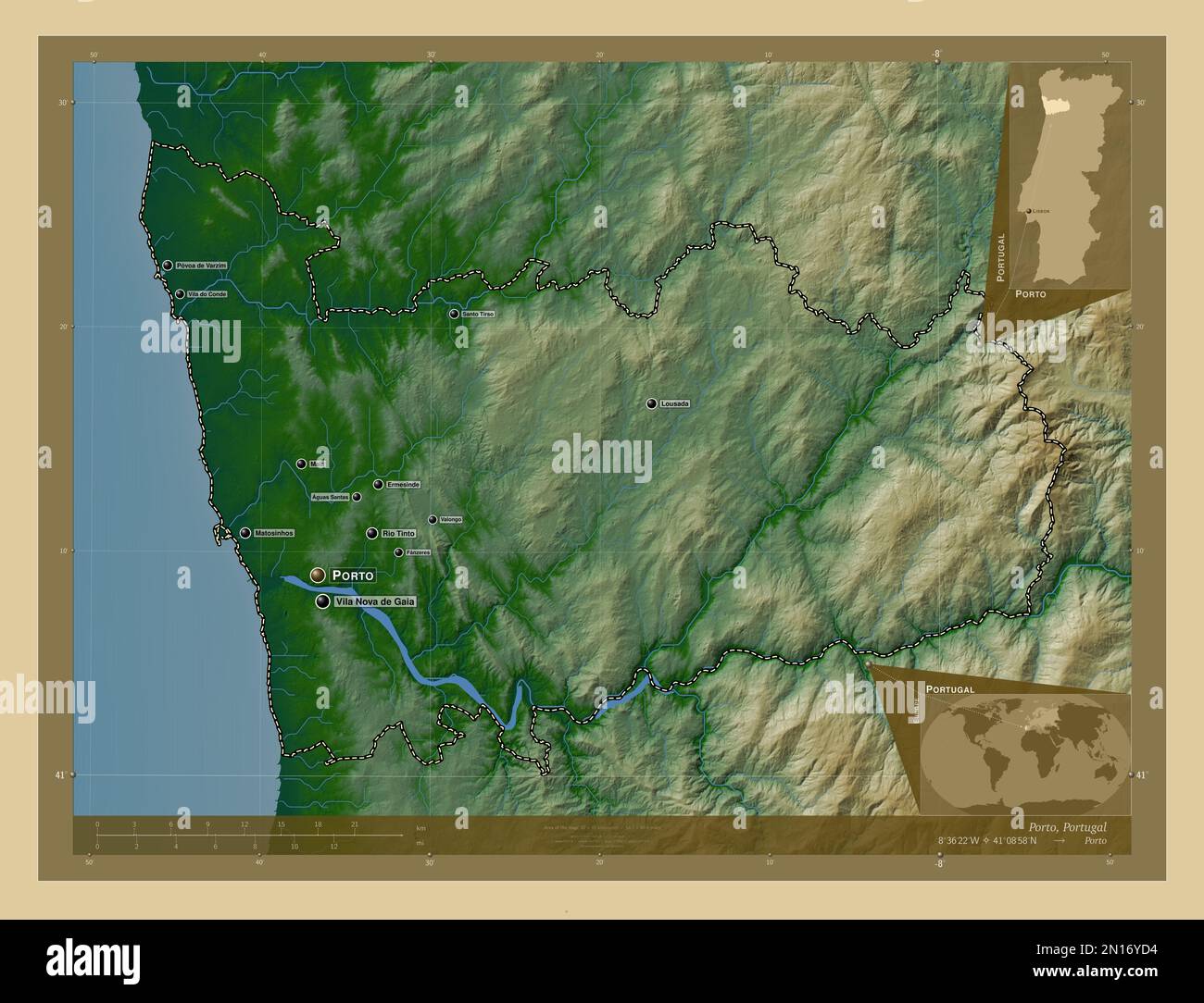 Porto, district of Portugal. Colored elevation map with lakes and ...