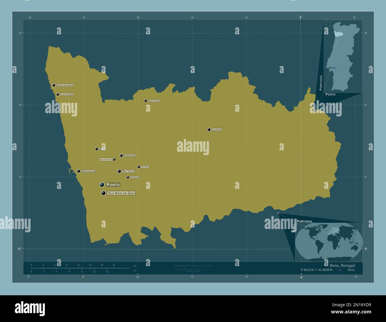 Porto, district of Portugal. Solid color shape. Locations and names of ...