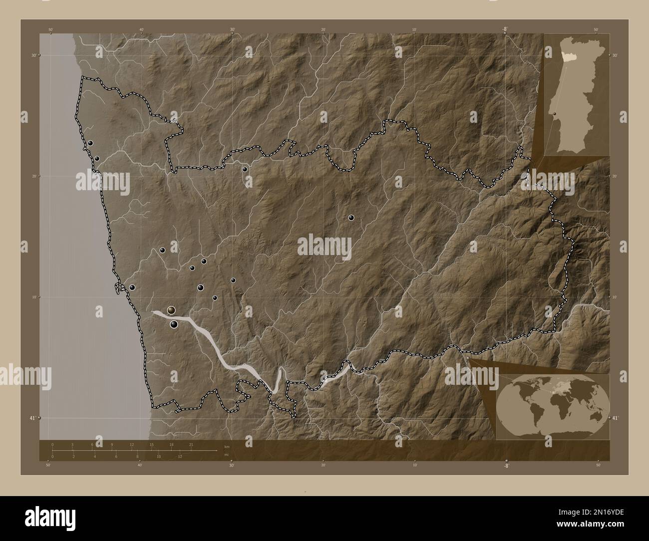 Porto, district of Portugal. Elevation map colored in sepia tones with ...