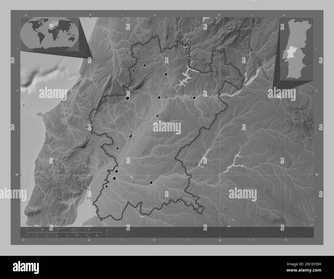 Santarem, district of Portugal. Grayscale elevation map with lakes and ...