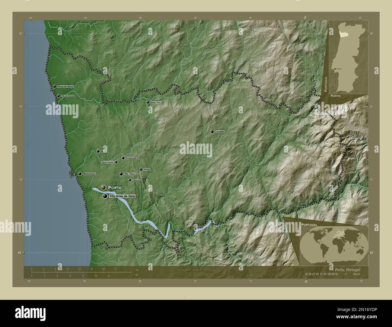 Porto, district of Portugal. Elevation map colored in wiki style with ...