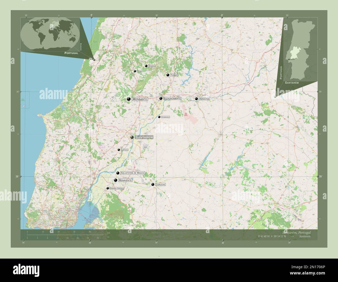 Santarem, district of Portugal. Open Street Map. Locations and names of ...