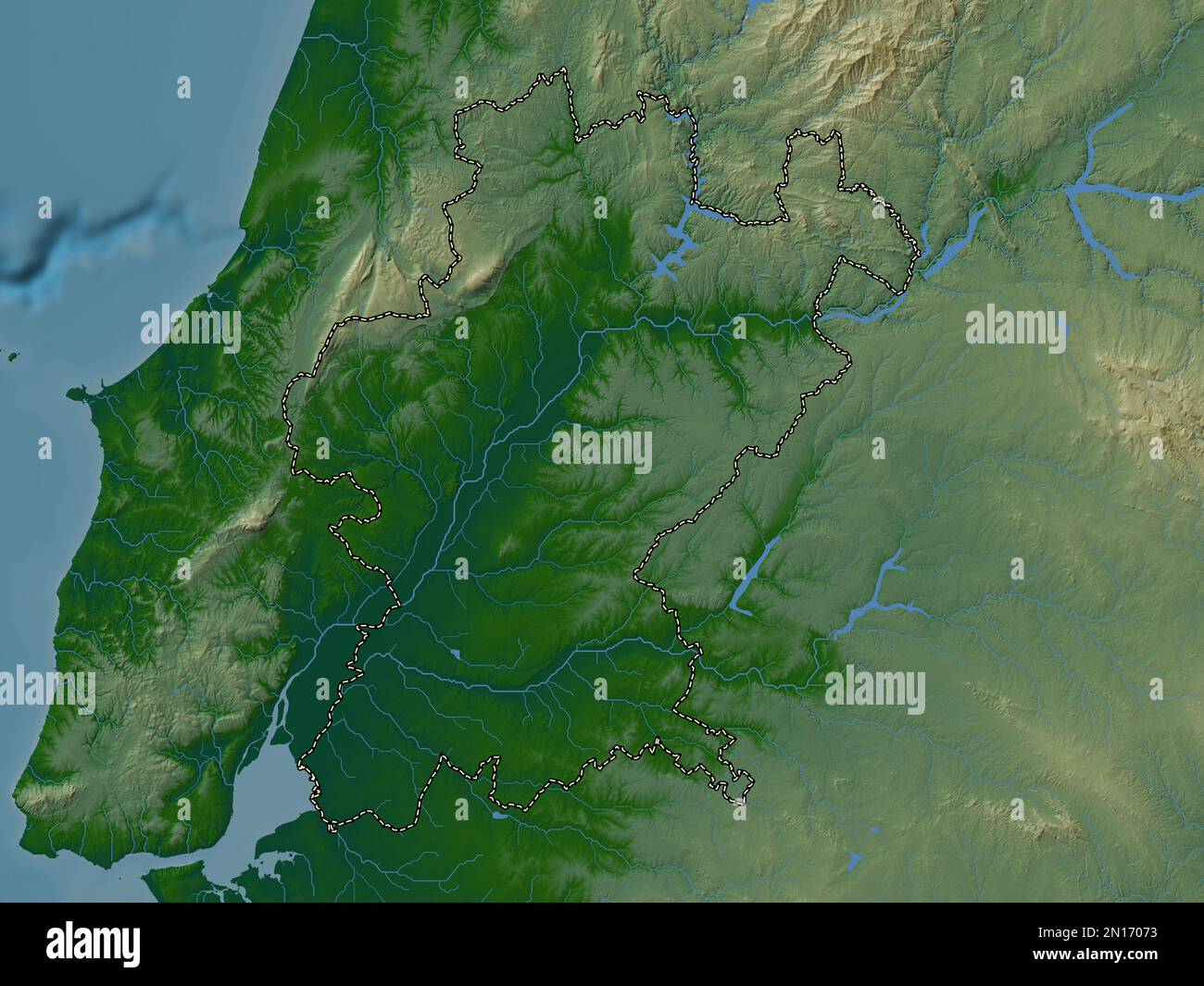 Santarem, district of Portugal. Colored elevation map with lakes and ...