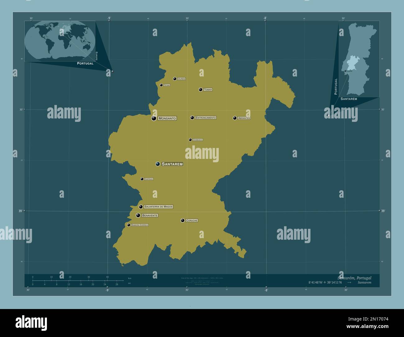 Santarem, district of Portugal. Solid color shape. Locations and names ...