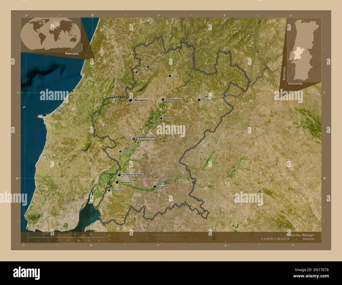 Santarem, district of Portugal. Low resolution satellite map. Locations ...