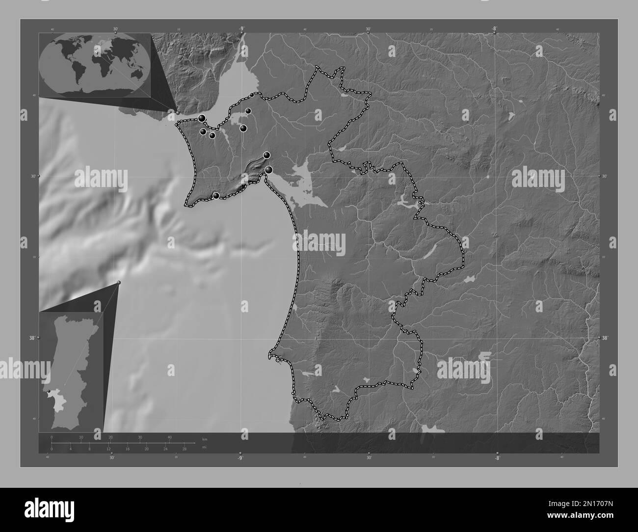Setubal, district of Portugal. Bilevel elevation map with lakes and ...