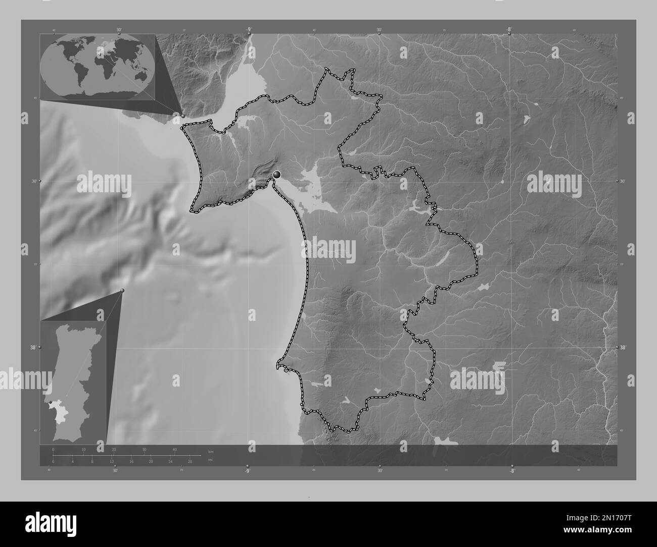Setubal, district of Portugal. Grayscale elevation map with lakes and ...