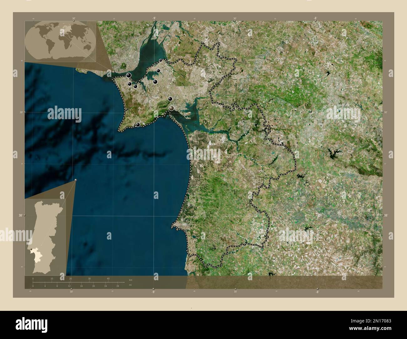Setubal, district of Portugal. High resolution satellite map. Locations ...