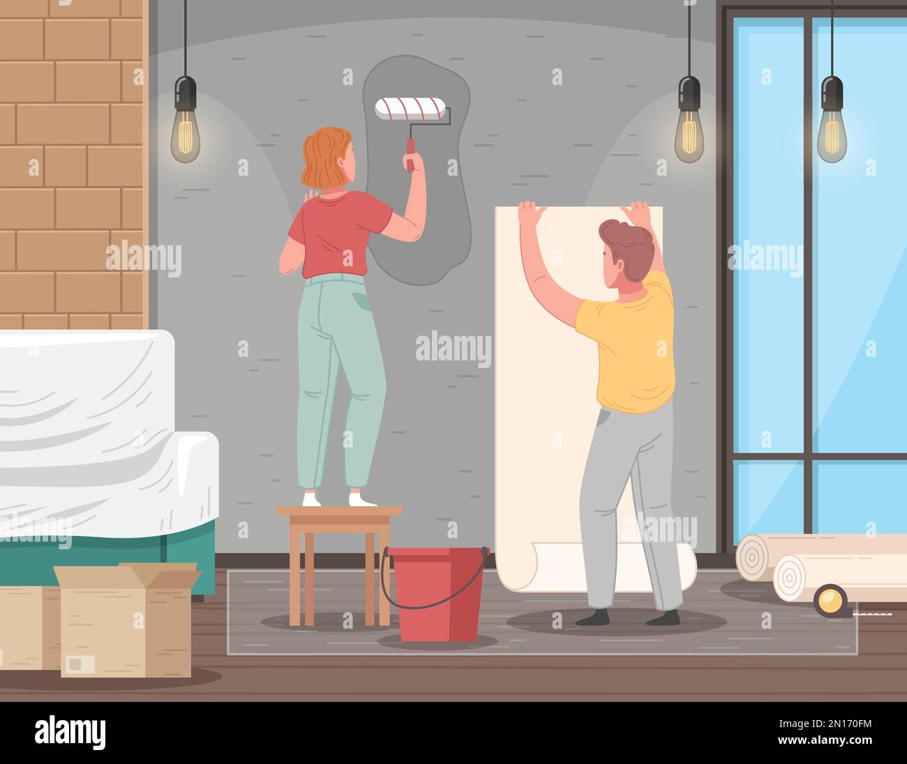 Renovation cartoon concept with man and woman applying wallpapers ...