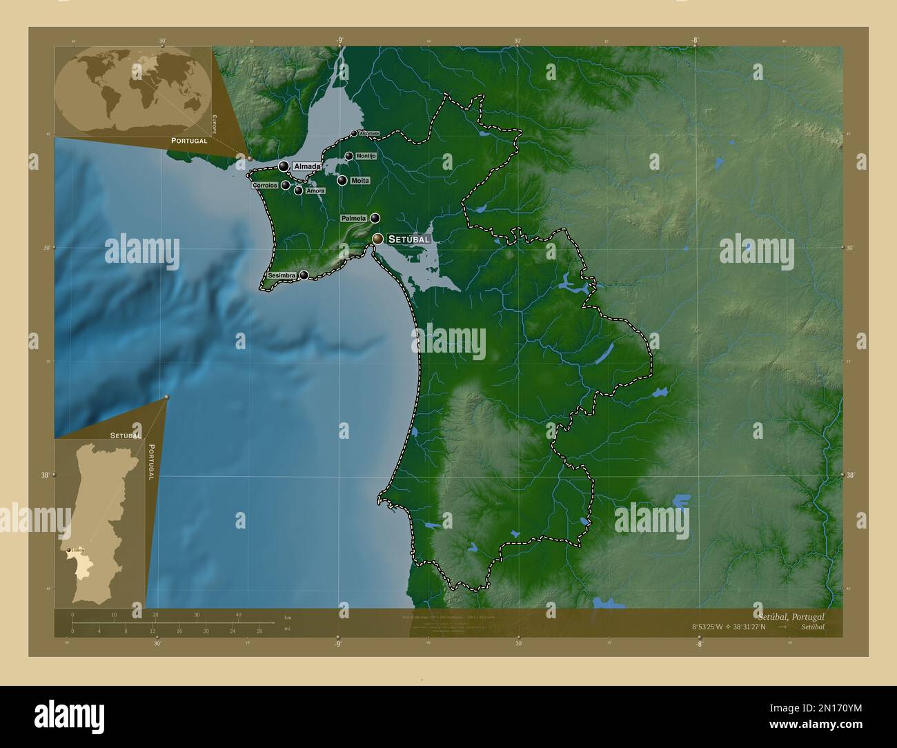 Setubal, district of Portugal. Colored elevation map with lakes and ...