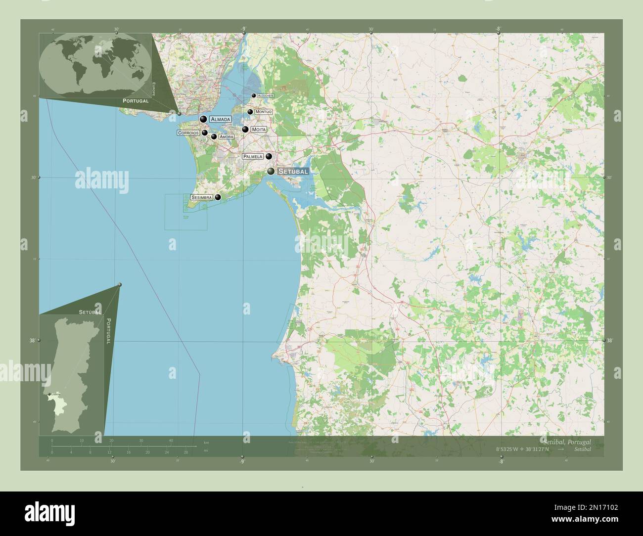 Setubal, district of Portugal. Open Street Map. Locations and names of ...